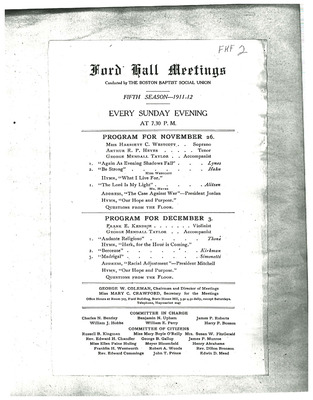 "Ford Hall Meetings program, 11/26-12/3/1911" by Ford Hall Forum