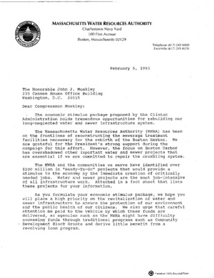 "Letter from the Massachusetts Water Resources Authority (MWRA) to John ...