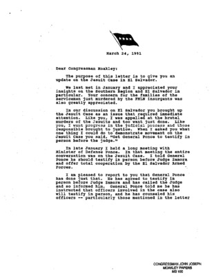 "Letter to John Joseph Moakley from U.S. General George A. Joulwan, U.S ...
