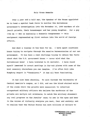 "Remarks by John Joseph Moakley delivered at Holy Cross regarding his i ...