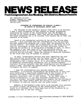 "Released statement by Congressman John Joseph Moakley on the status of ...